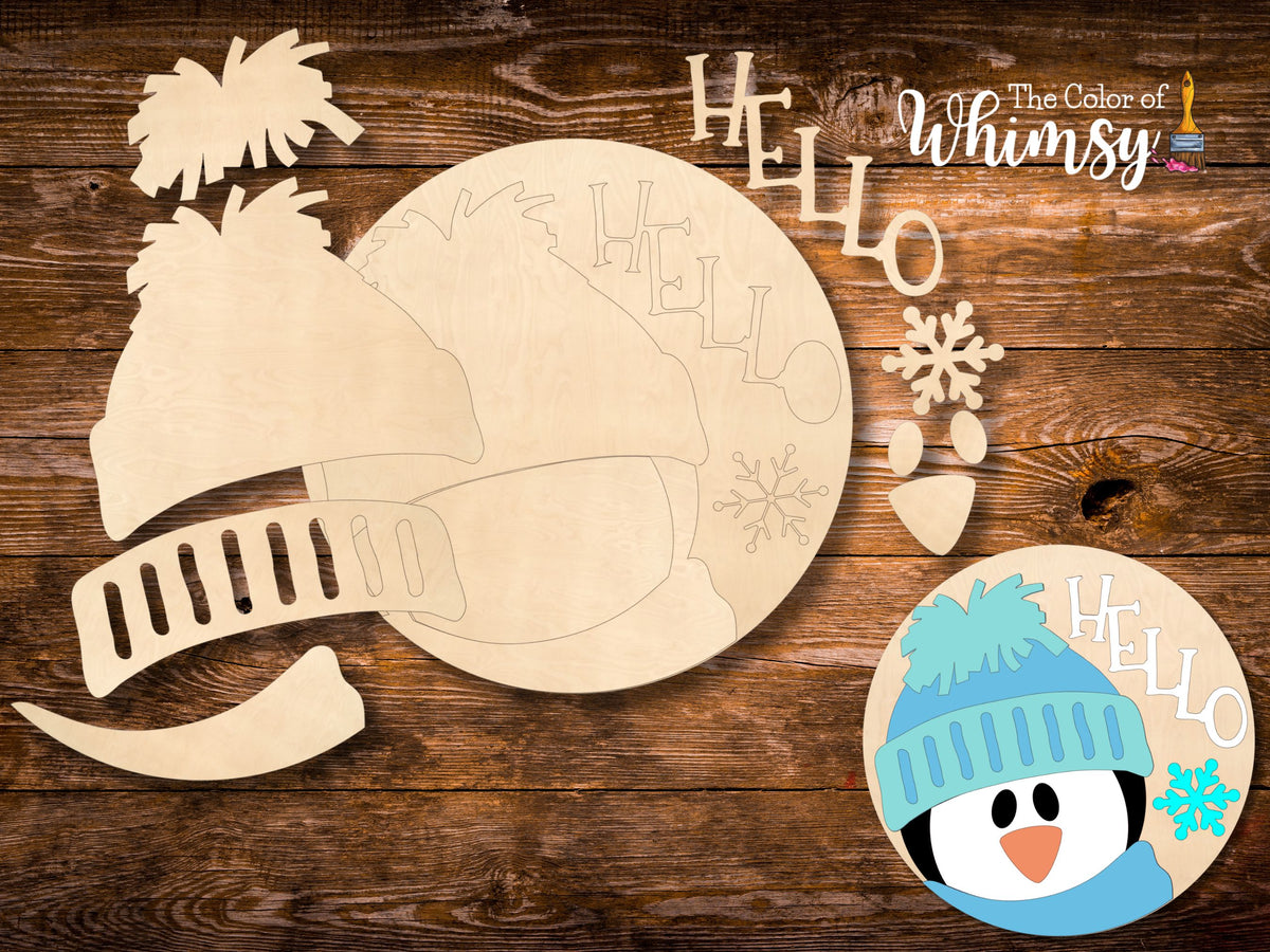 Layered Hello Penguin Unfinished Wood Shape For Door Hanger or Wall Decor – The Color of Whimsy