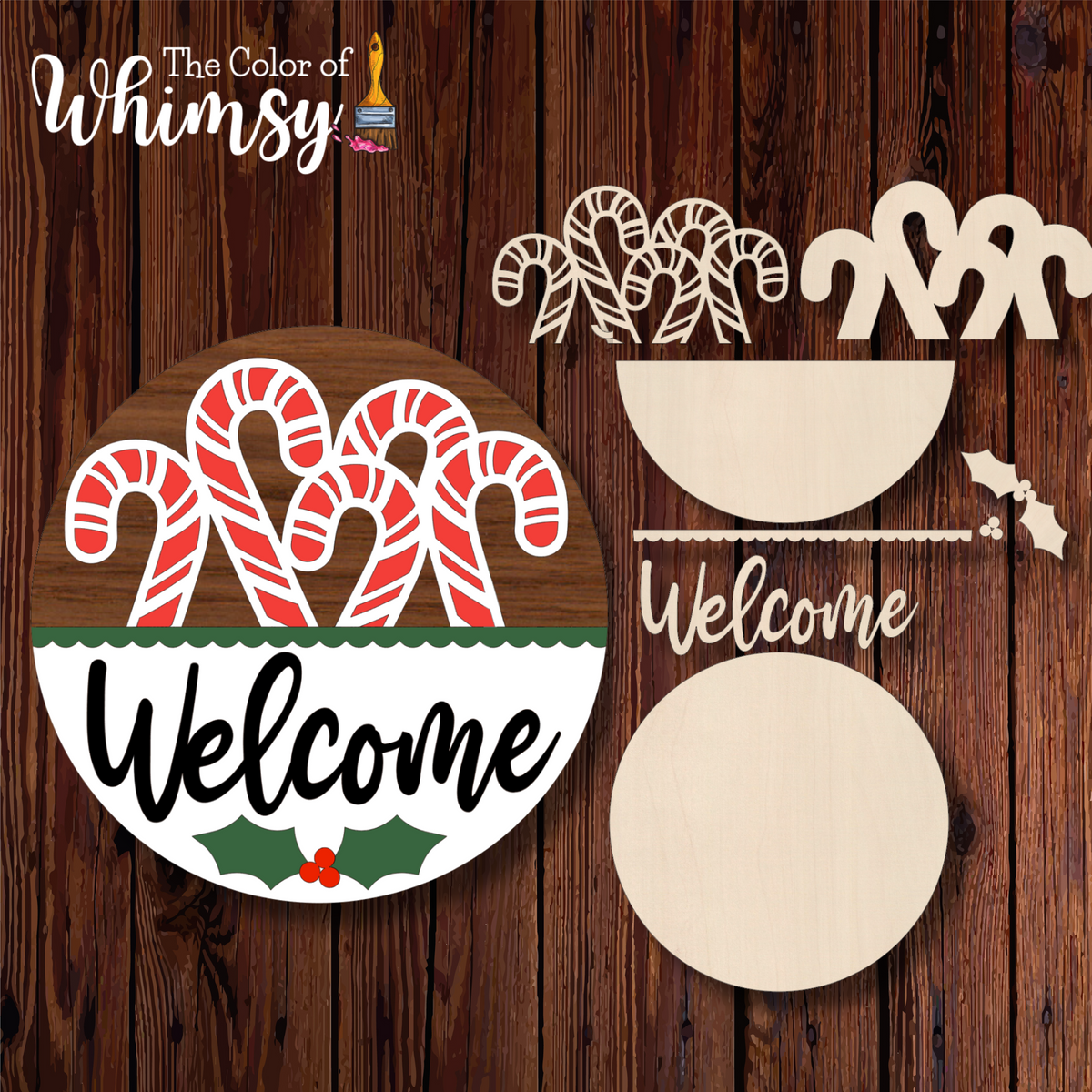 Candy Cane Welcome Ultra Unfinished Wood Door Hanger or Sign and Wreath ...